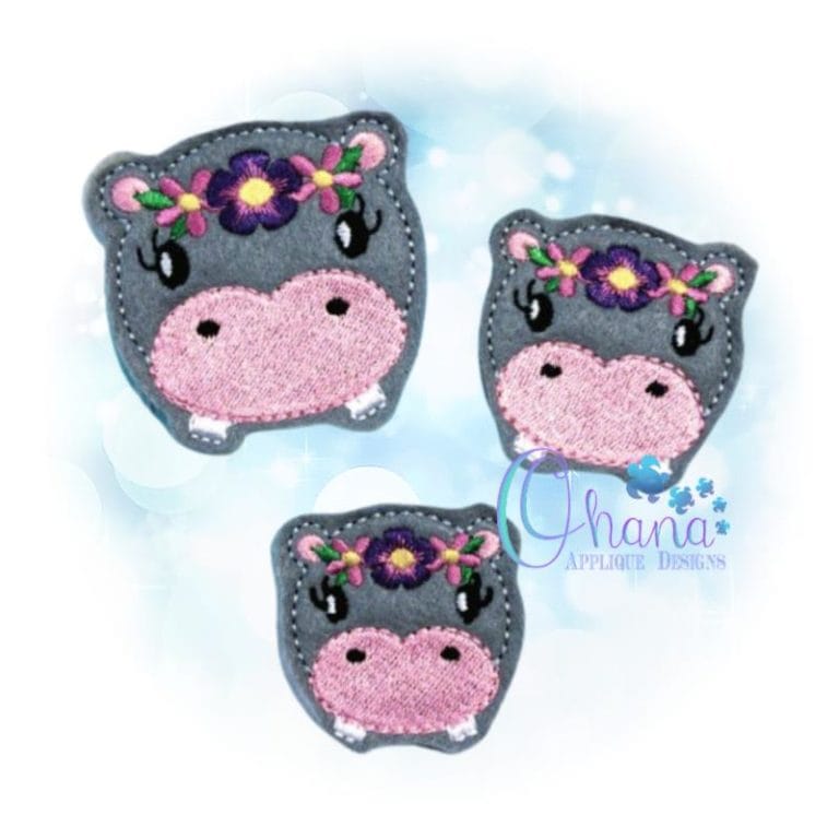 Floral Crown Hippo Feltie Embroidery - Ohana Applique Designs