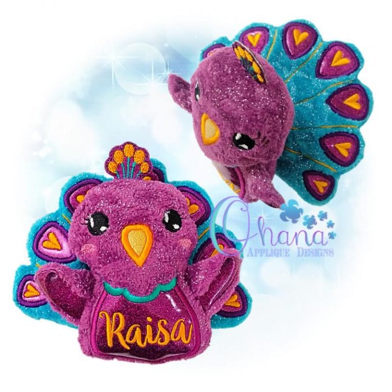 Poppy Peacock Stuffie Embroidery Design - Ohana Applique Designs