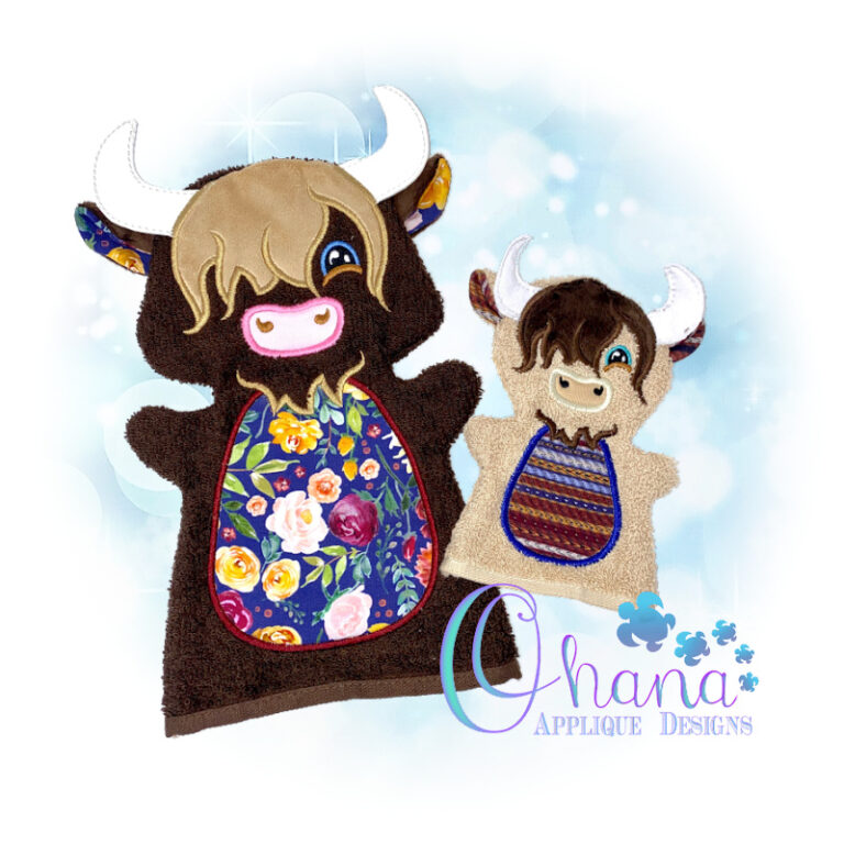 Highland Cow Hand Puppet Embroidery Design- Ohana Applique Designs