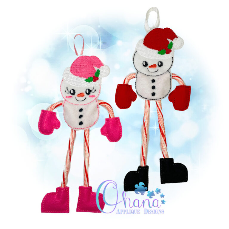 Snowman Candy Cane Holder Ornament - Ohana Applique Designs