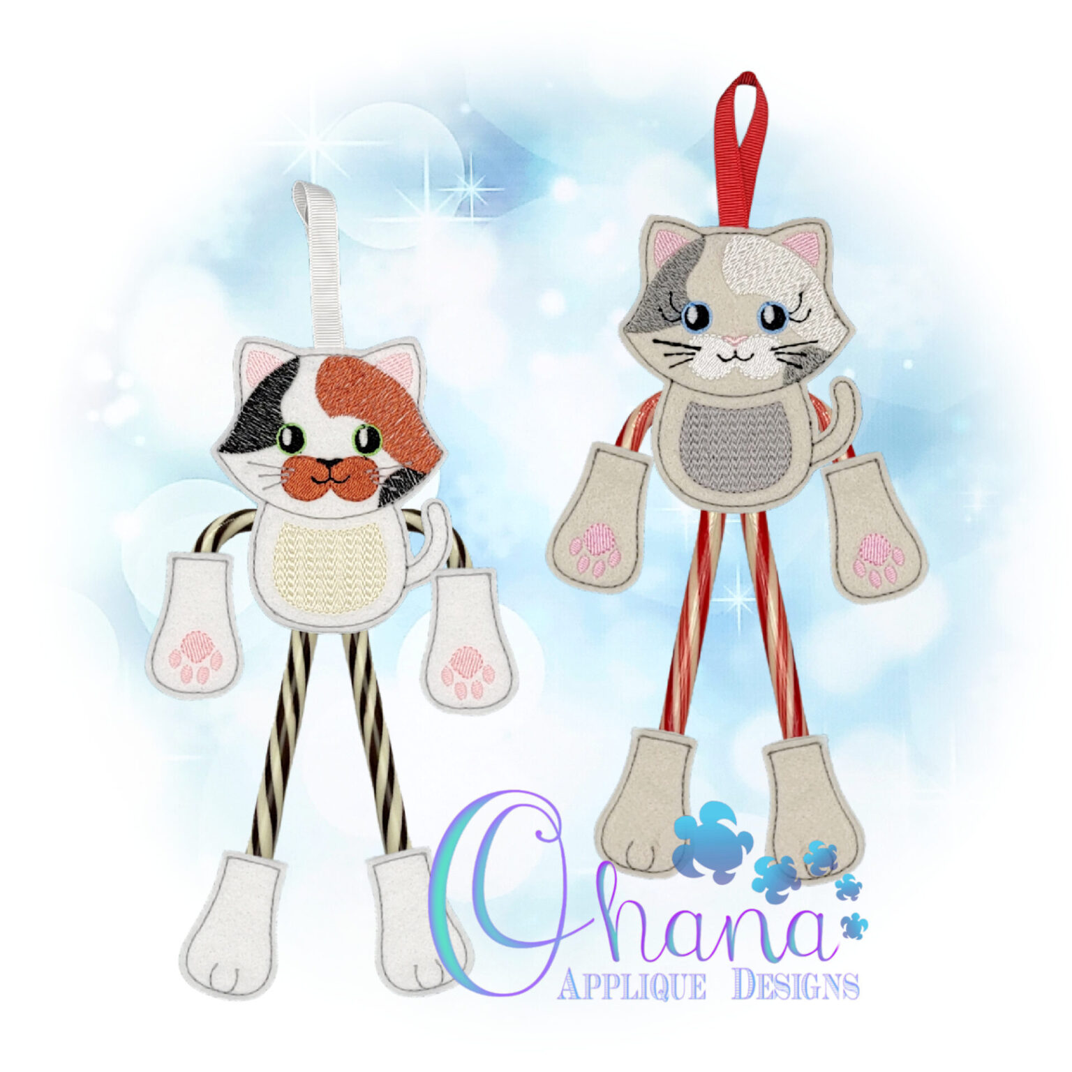 Calico Cat Candy Cane Holder Ornament - Ohana Applique Designs
