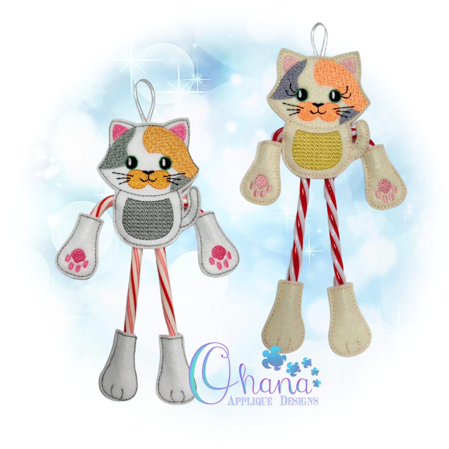 Calico Cat Candy Cane Holder Ornament - Ohana Applique Designs