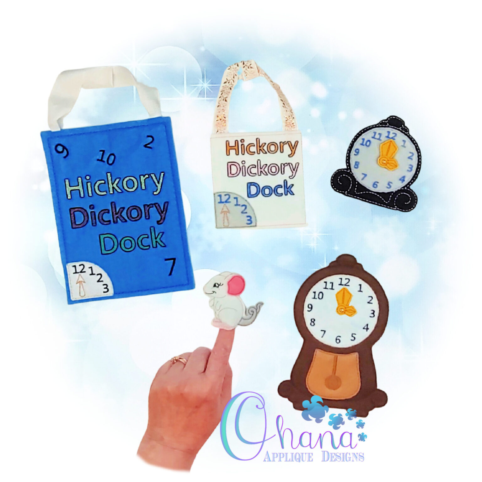 Hickory Dickory Dock Finger Puppet Set - Ohana Applique Designs