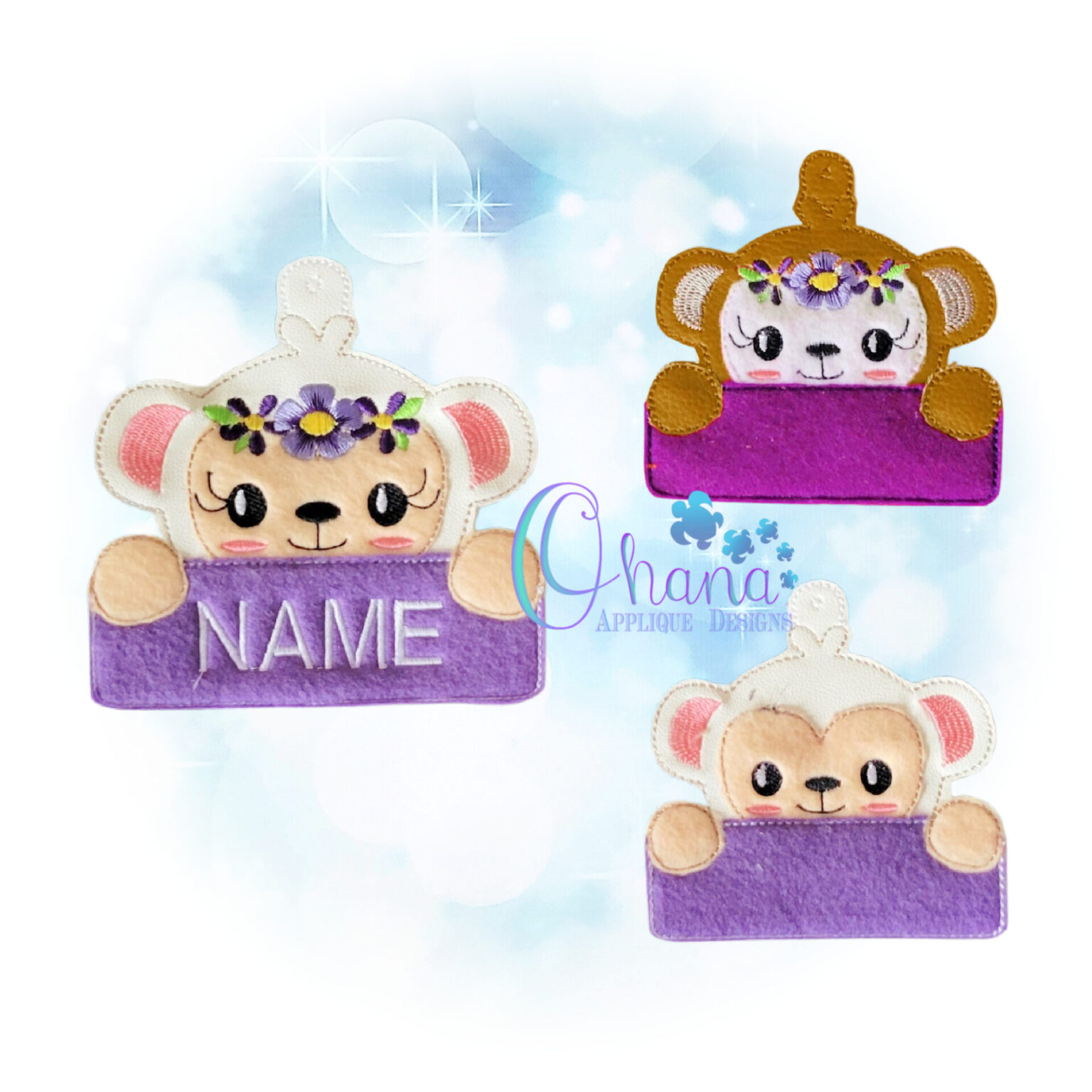 Floral Monkey Luggage Tag Design - Ohana Applique Designs