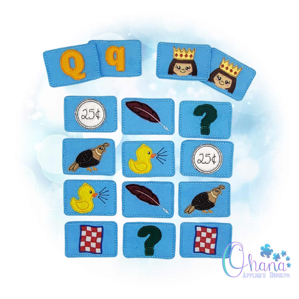 Letter Q Matching Card Game Design - Ohana Applique Designs