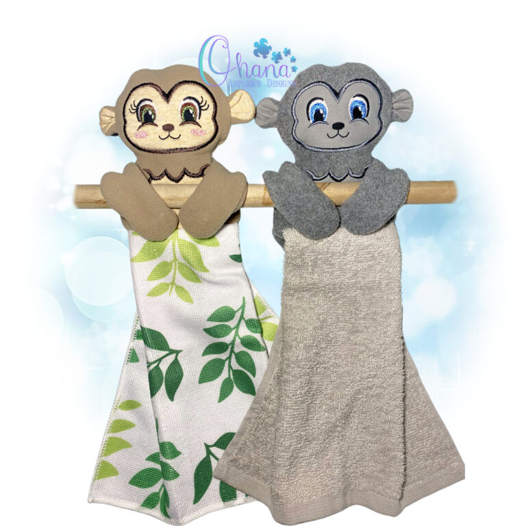 Monkey Hand Towel Holder Embroidery Design - Ohana Applique Designs