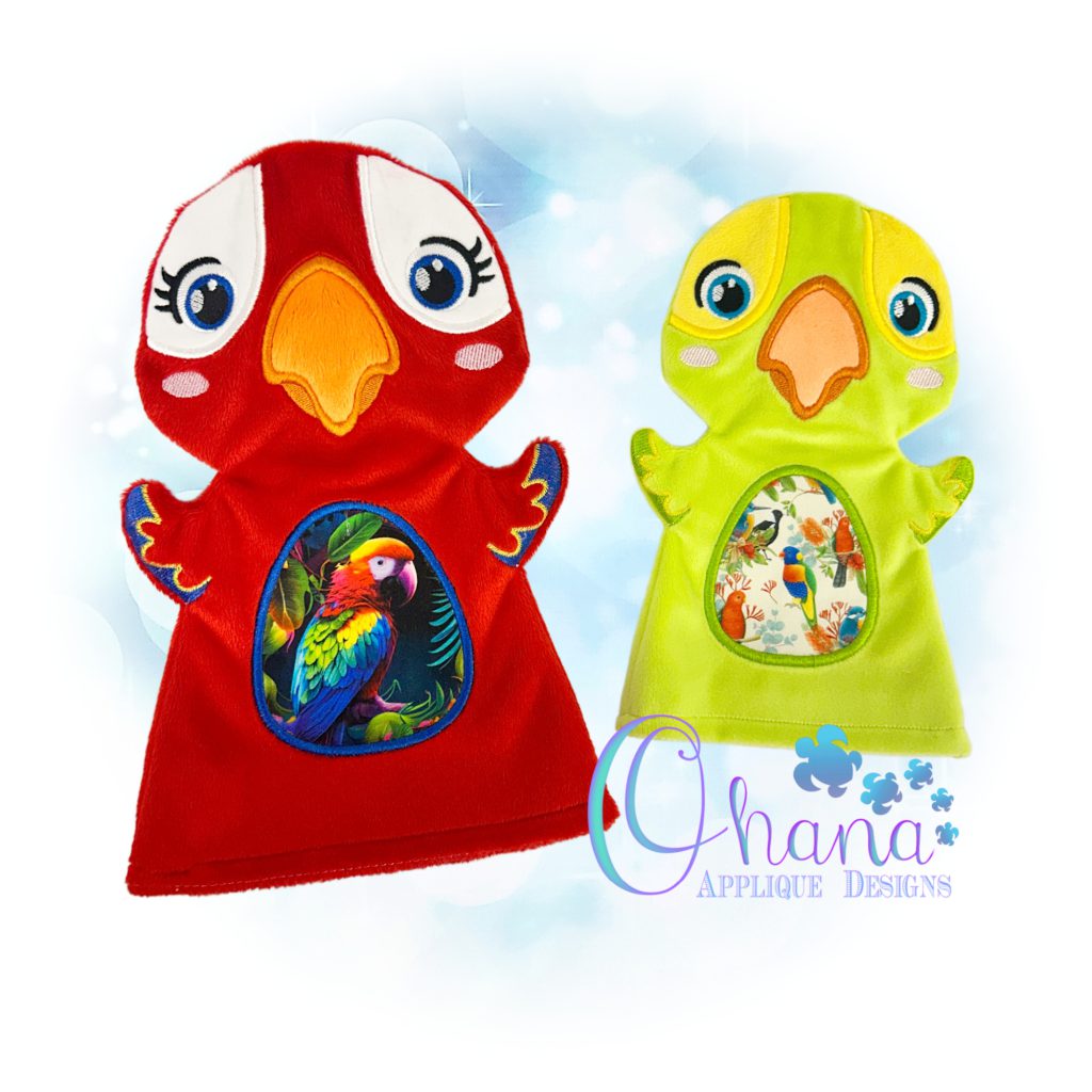 Jolly Parrot Hand Puppet Embroidery Design - Ohana Applique Designs